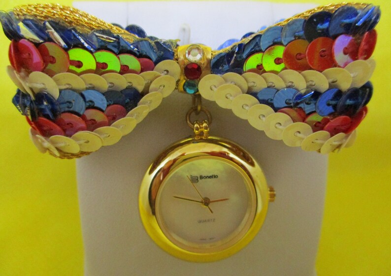 BONETTO Watch Red White Blue SEQUINS Gold Mesh Bow Mother of Pearl ...