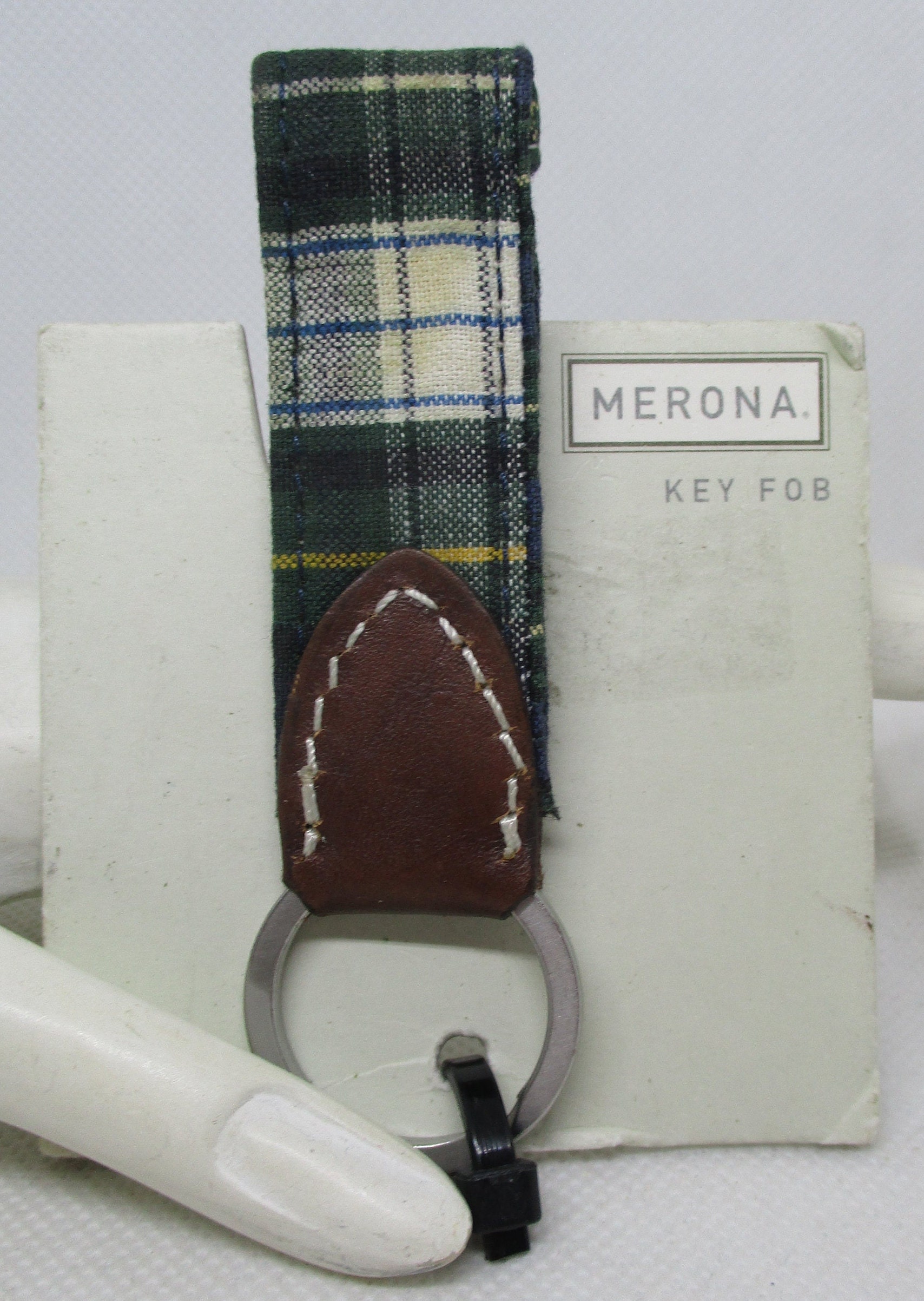 Merona Key Fob Brown Leather Plaid Fabric Silver Tone Metal - Etsy