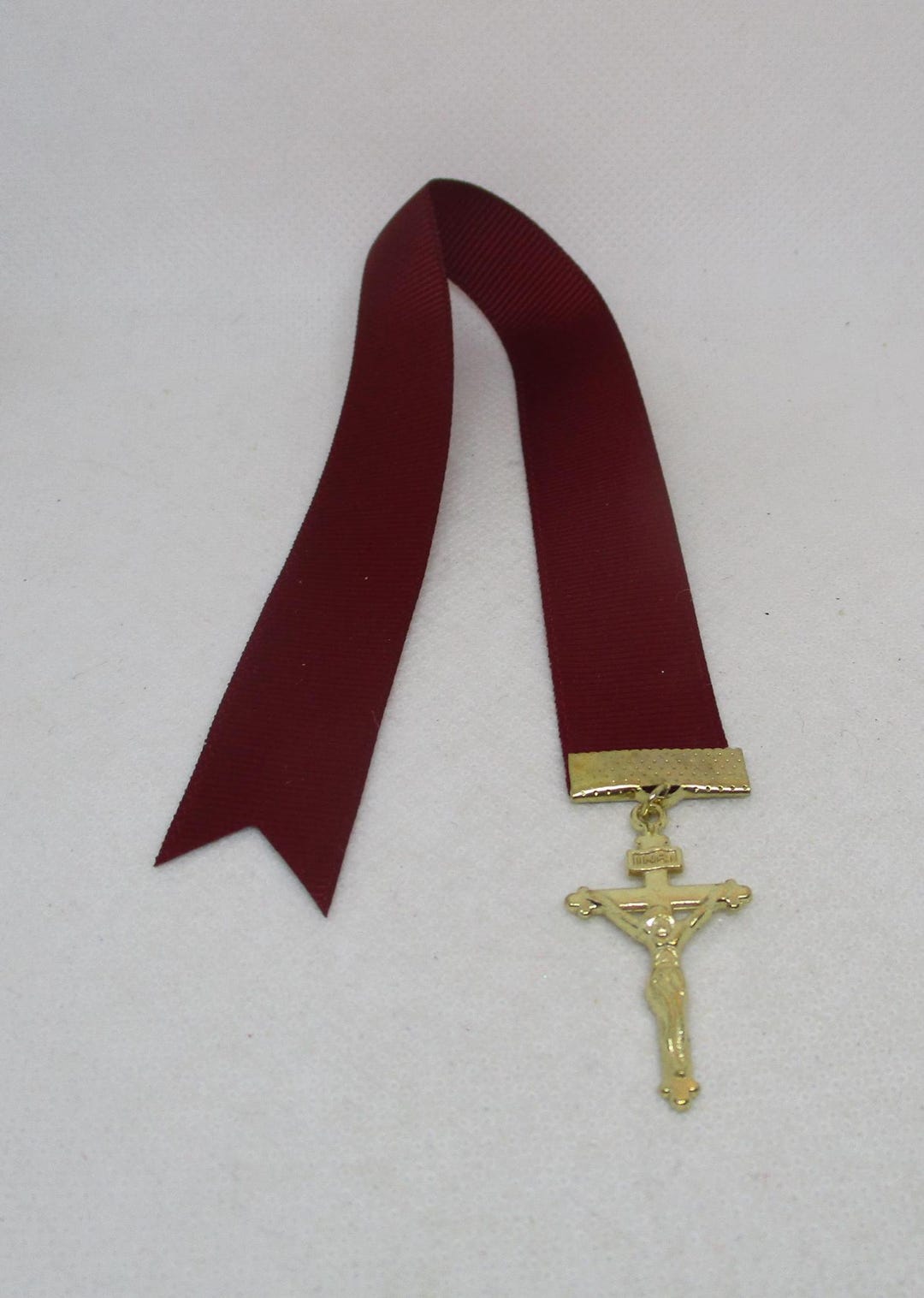 Burgandy Ribbon Fabric Gold Tone Metal Crucifix Cross Bookmark Charm ...
