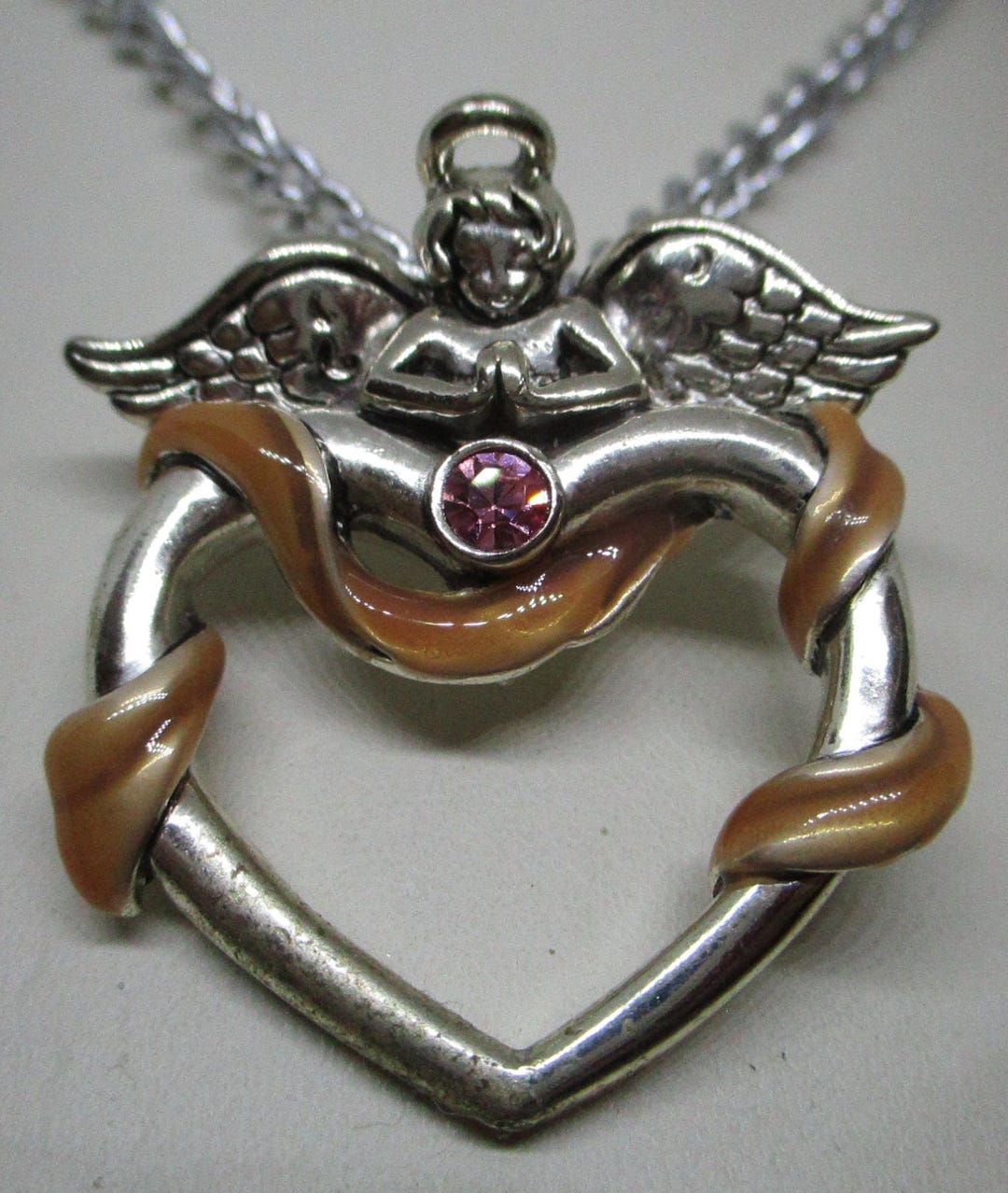 Vintage Angel Heart Pendant Necklace: Silver Rhinestone Enamel Charm - Etsy