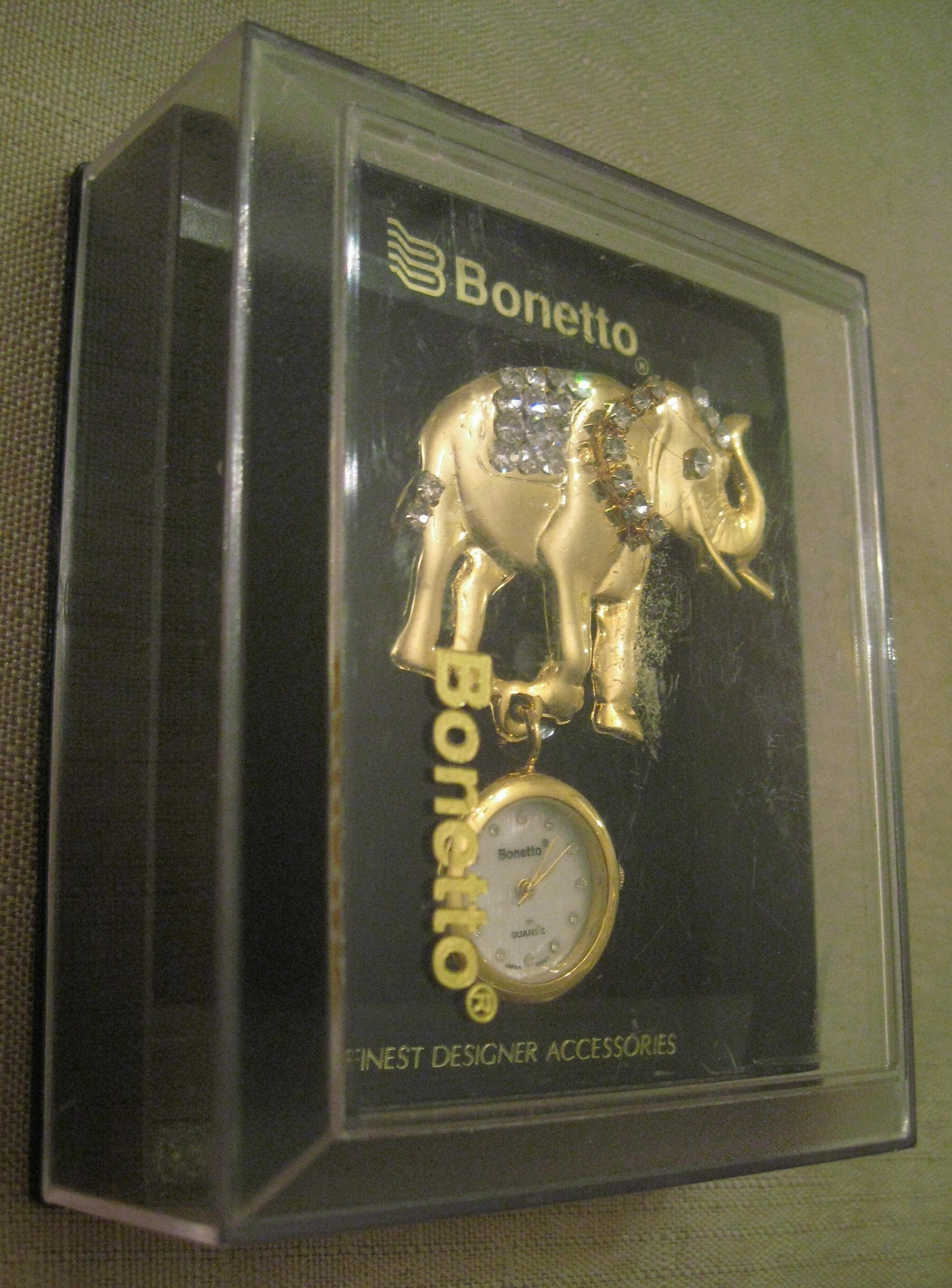 BONETTO Watch Gold Tone Metal RHINESTONE Elephant Dangle Watch Mother ...