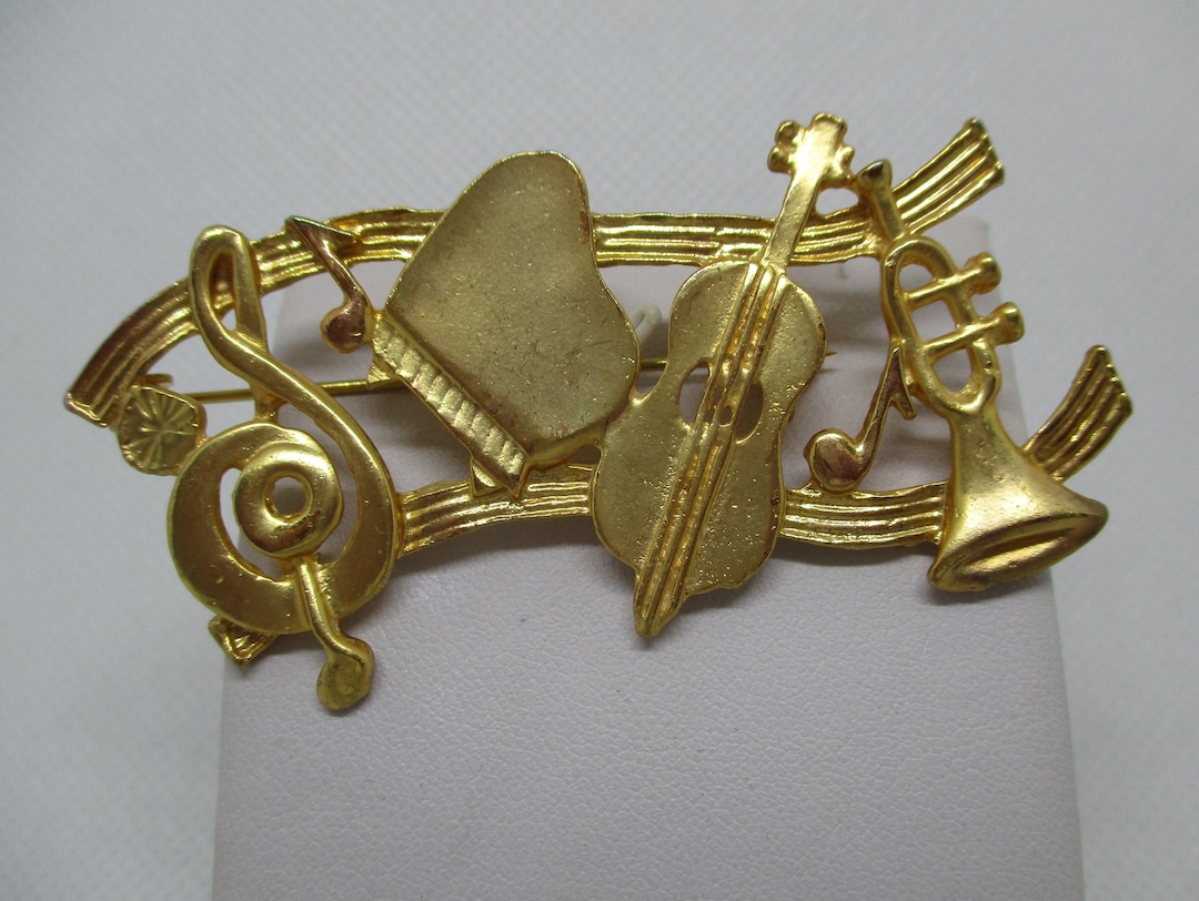 Vintage 1970s Musical Instrument Brooch: Gold Tone Piano, Guitar ...