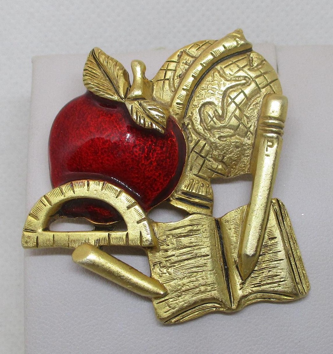 Vintage Red Enamel Apple Gold Tone School Brooch Enamel Apple Globe ...