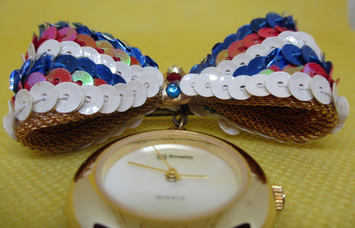 BONETTO Watch Red White Blue SEQUINS Gold Mesh Bow Mother of Pearl ...