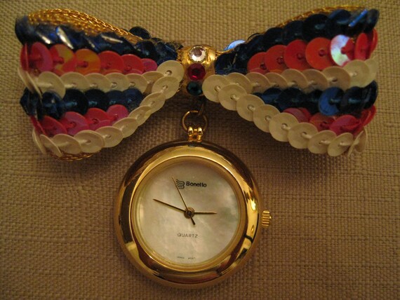 BONETTO Watch Red White Blue SEQUINS Gold Mesh Bow Mother of | Etsy