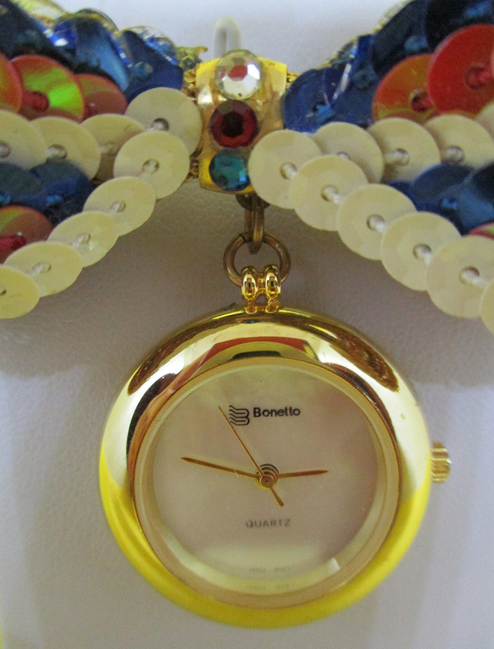 BONETTO Watch Red White Blue SEQUINS Gold Mesh Bow Mother of Pearl ...