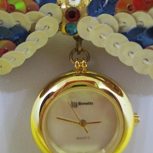 BONETTO Watch Red White Blue SEQUINS Gold Mesh Bow Mother of Pearl ...