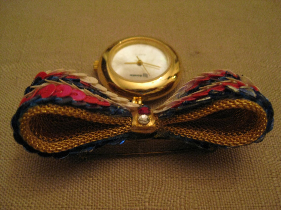 BONETTO Watch Red White Blue SEQUINS Gold Mesh Bow Mother of | Etsy
