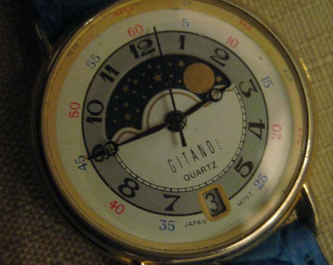 Unworn Gitano Moving Moon Stars Date and Time Unisex Gold Tone Quartz ...