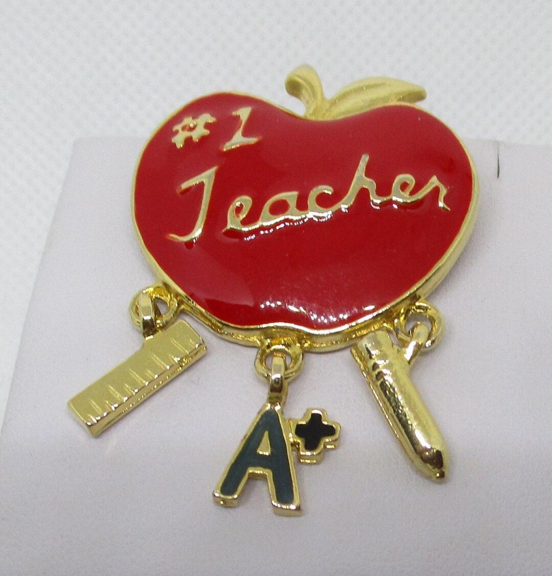 Vintage REN #1 Teacher Brooch: Enamel Apple, Ruler, Pencil Charms - Etsy