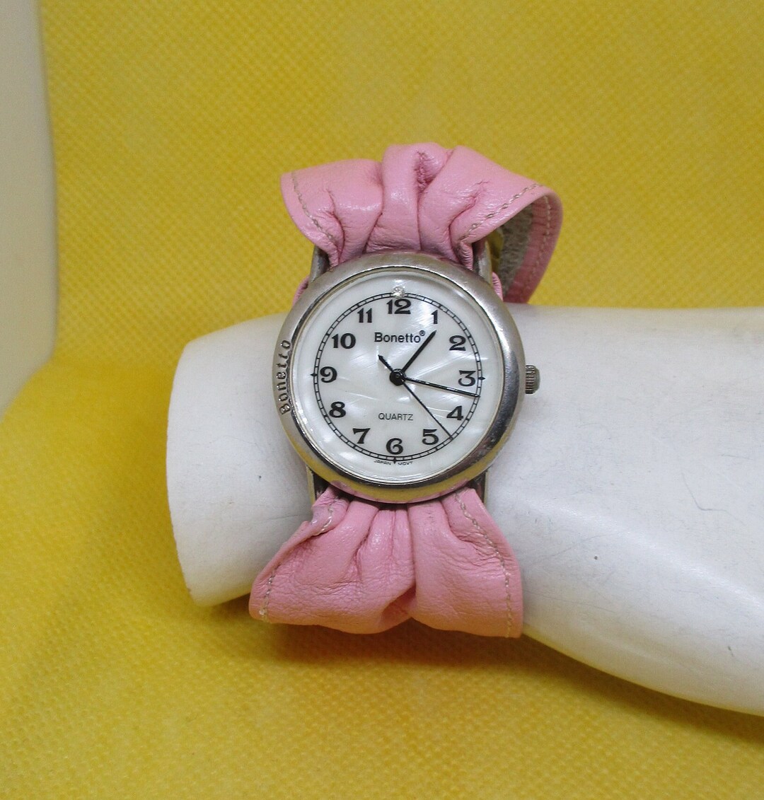 Vintage Bonetto Quartz Watch: Mother of Pearl Face, Pink Leather Band ...