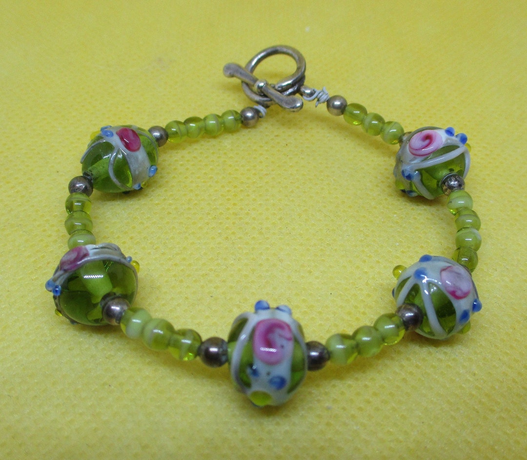 STERLING SILVER Peridot Colored WEDDING Cake Beaded Bracelet Venetian ...