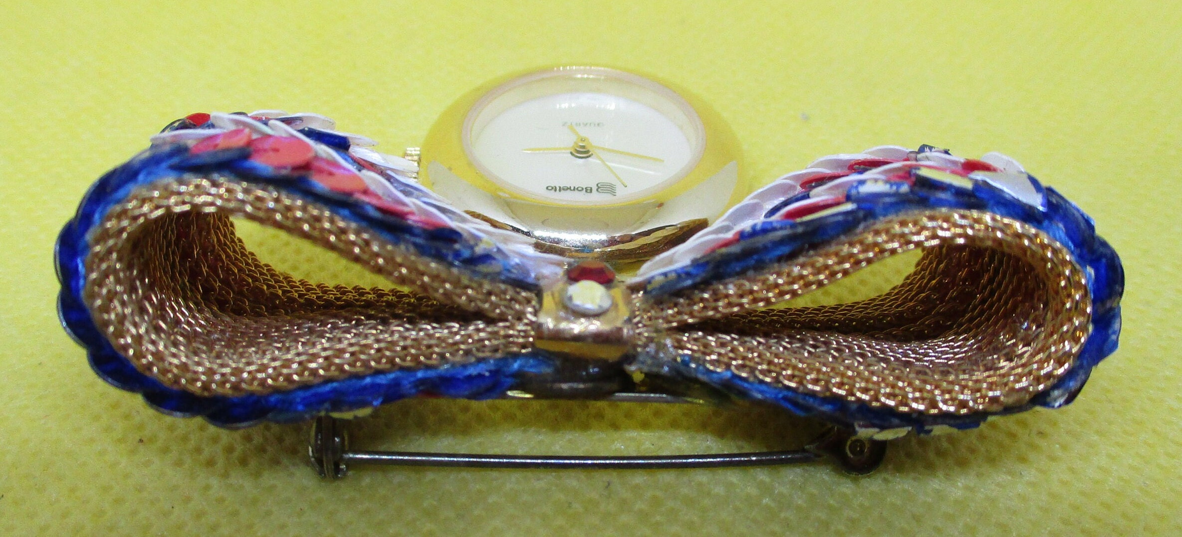 BONETTO Watch Red White Blue SEQUINS Gold Mesh Bow Mother of Pearl ...