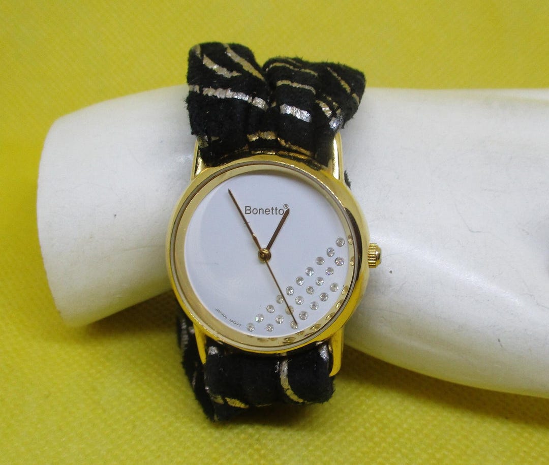 Vintage Bonetto Rhinestone Watch: Gold Tone, Black Leather Band - Etsy