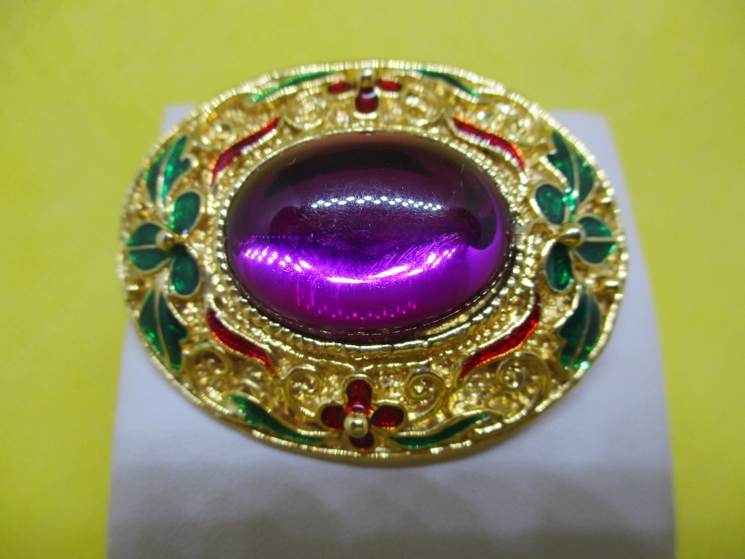 Vintage Purple Glass Cabochon Brooch: Enamel Flowers, Gold Tone - Etsy