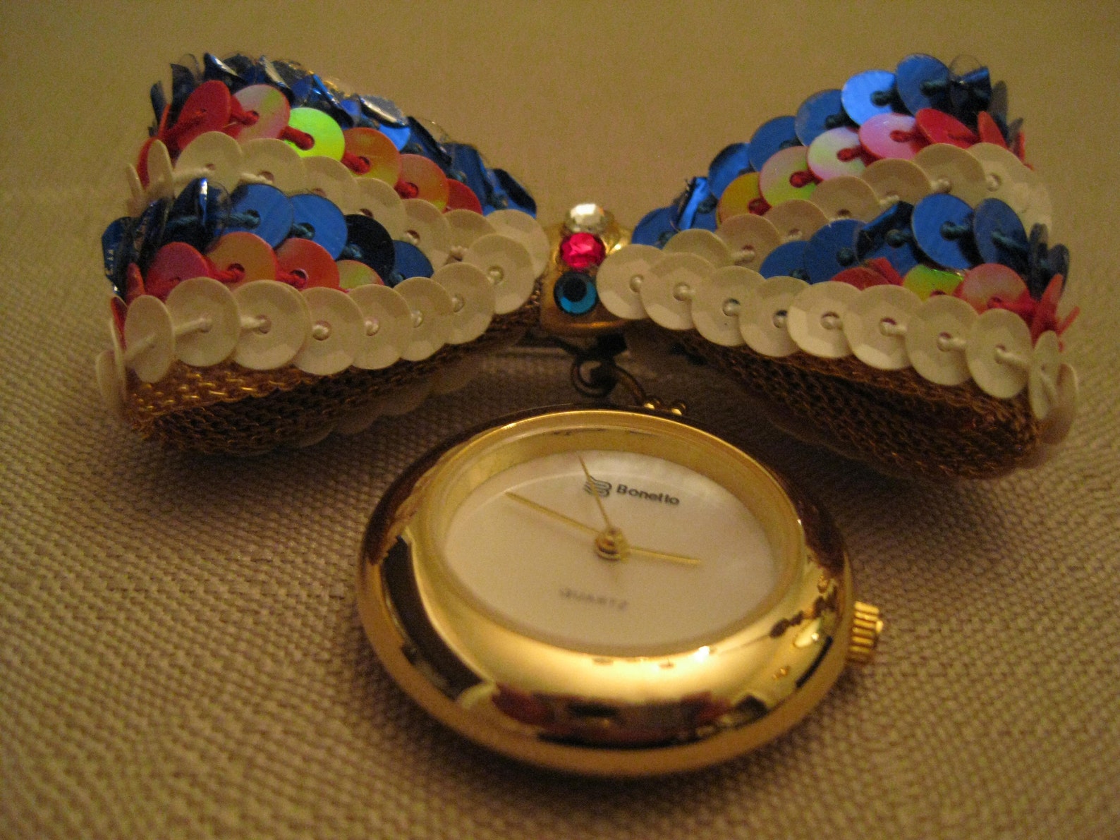 BONETTO Watch Red White Blue SEQUINS Gold Mesh Bow Mother of - Etsy