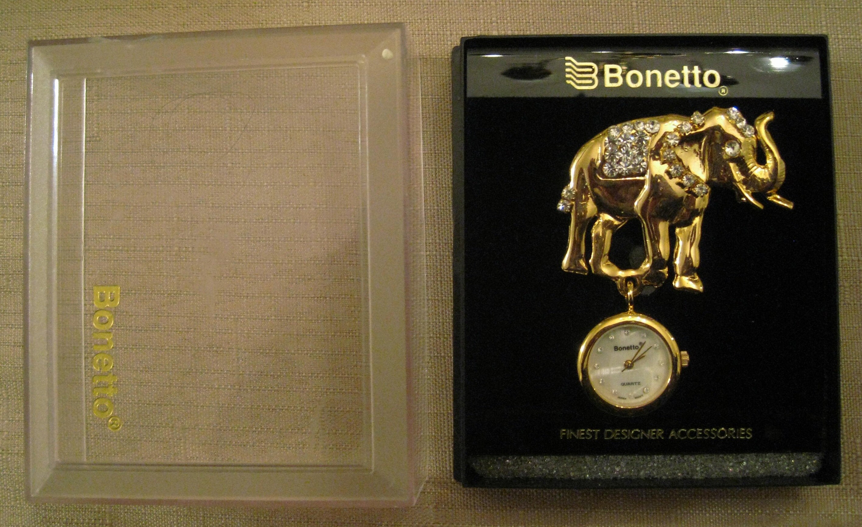 BONETTO Watch Gold Tone Metal RHINESTONE Elephant Dangle Watch Mother ...