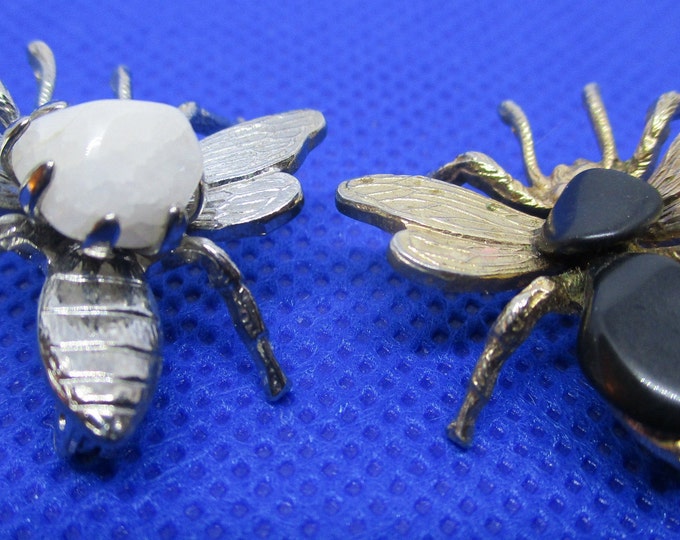 Bees With Stones Brooch Silver Tone White Stone Bee Pin Gold Tone Black ...