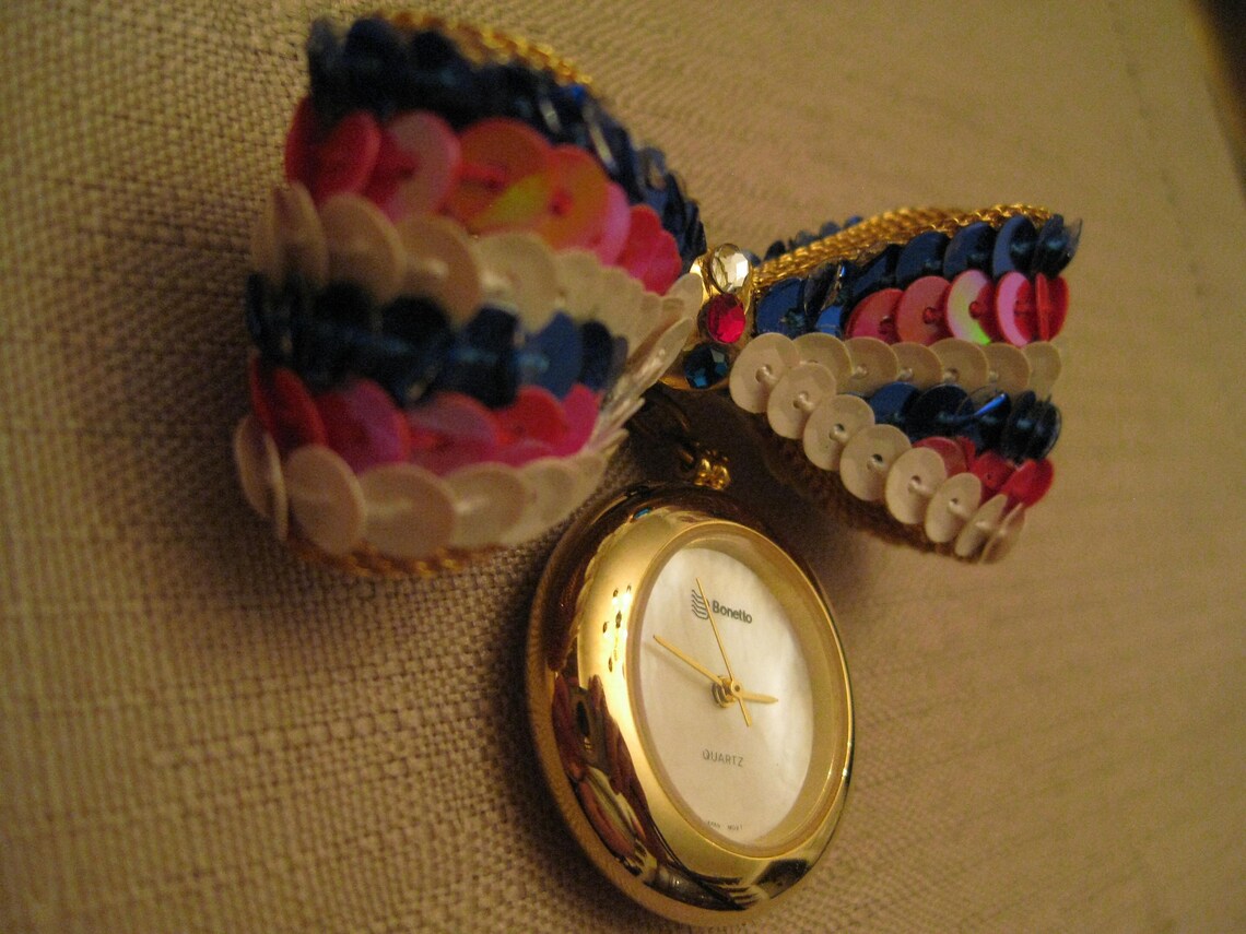 BONETTO Watch Red White Blue SEQUINS Gold Mesh Bow Mother of - Etsy