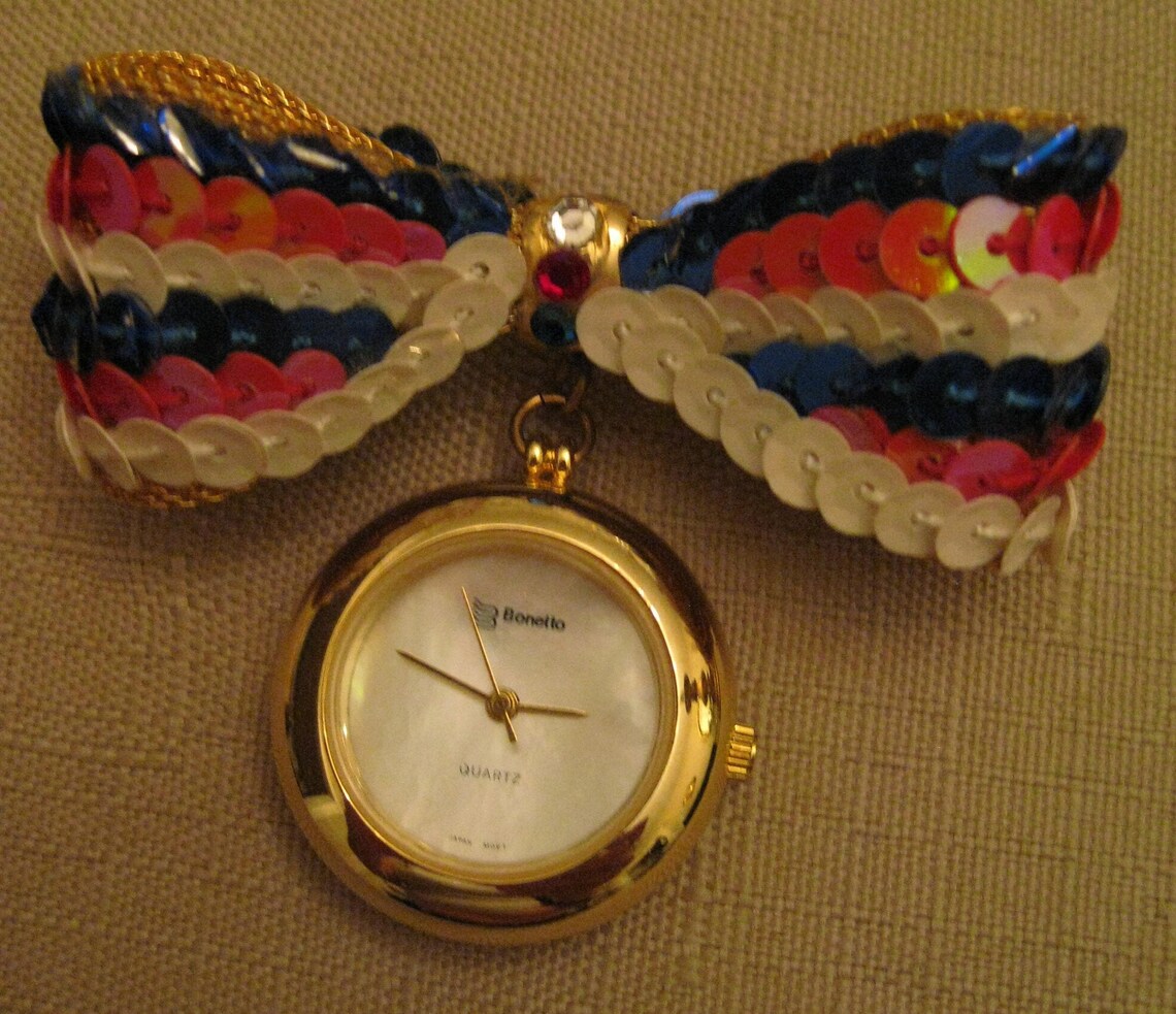 BONETTO Watch Red White Blue SEQUINS Gold Mesh Bow Mother of | Etsy