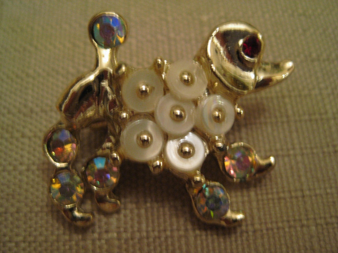 AB RHINESTONE POODLE Brooch Mother of Pearl Gold Tone Metal Poodle ...