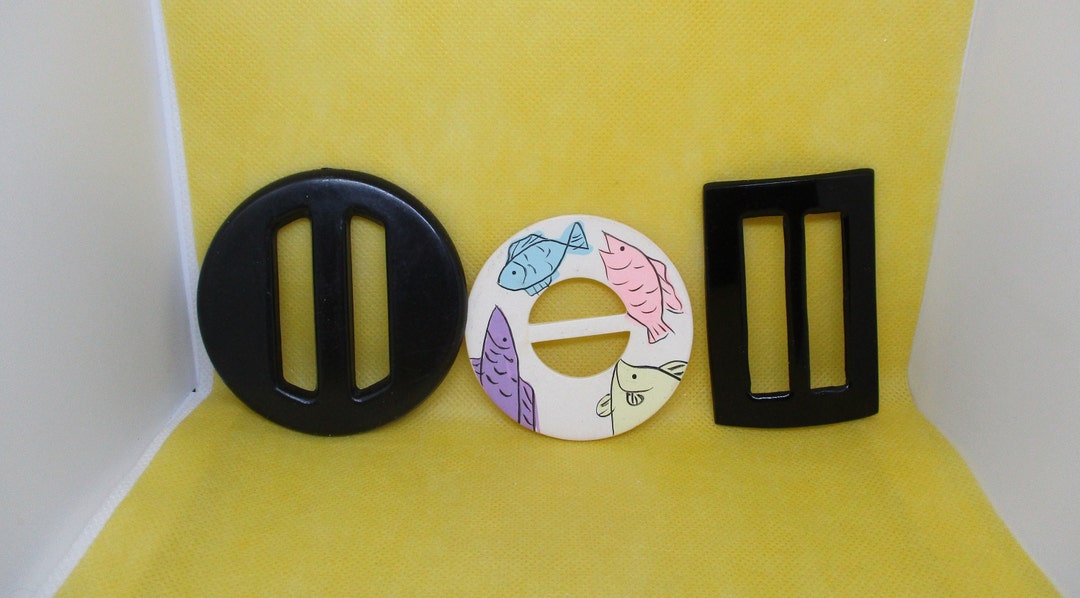 Vintage 1980s Plastic Belt Buckles: Round, Rectangular, Fish - 3 Piece ...