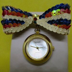BONETTO Watch Red White Blue SEQUINS Gold Mesh Bow Mother of Pearl ...