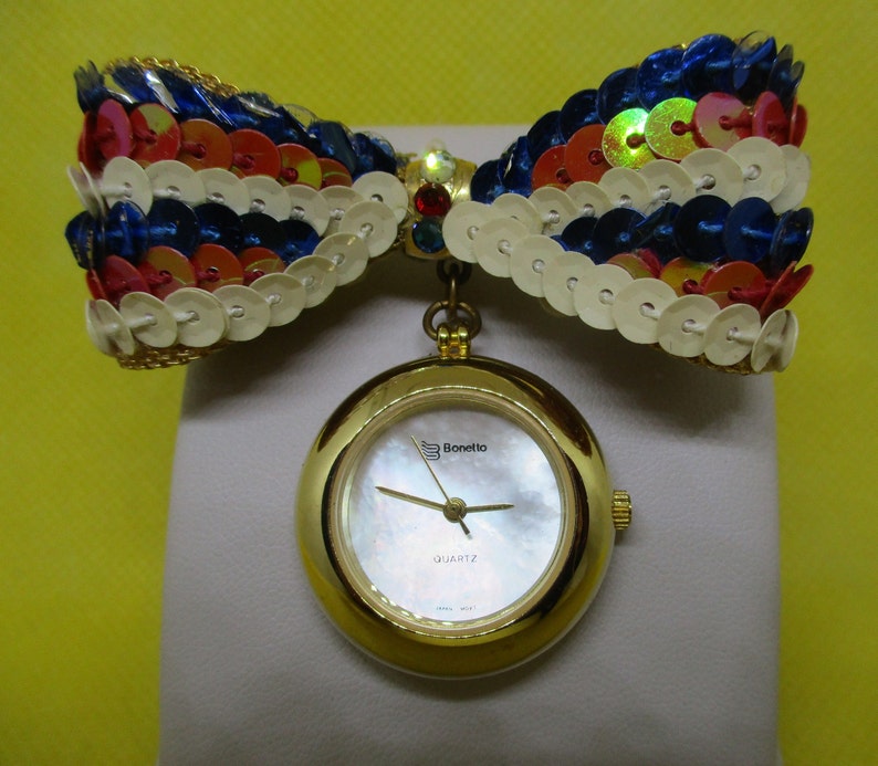 BONETTO Watch Red White Blue SEQUINS Gold Mesh Bow Mother of Pearl ...