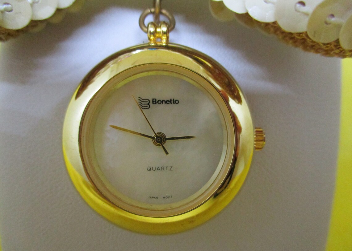 BONETTO Watch Red White Blue SEQUINS Gold Mesh Bow Mother of Pearl ...