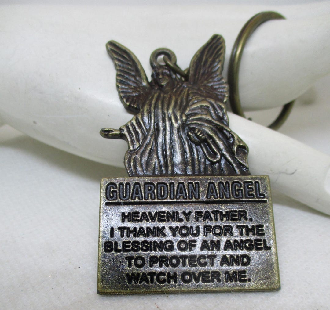 Antiqued Brasstone Guardian Angel Keychain With Prayer - Etsy