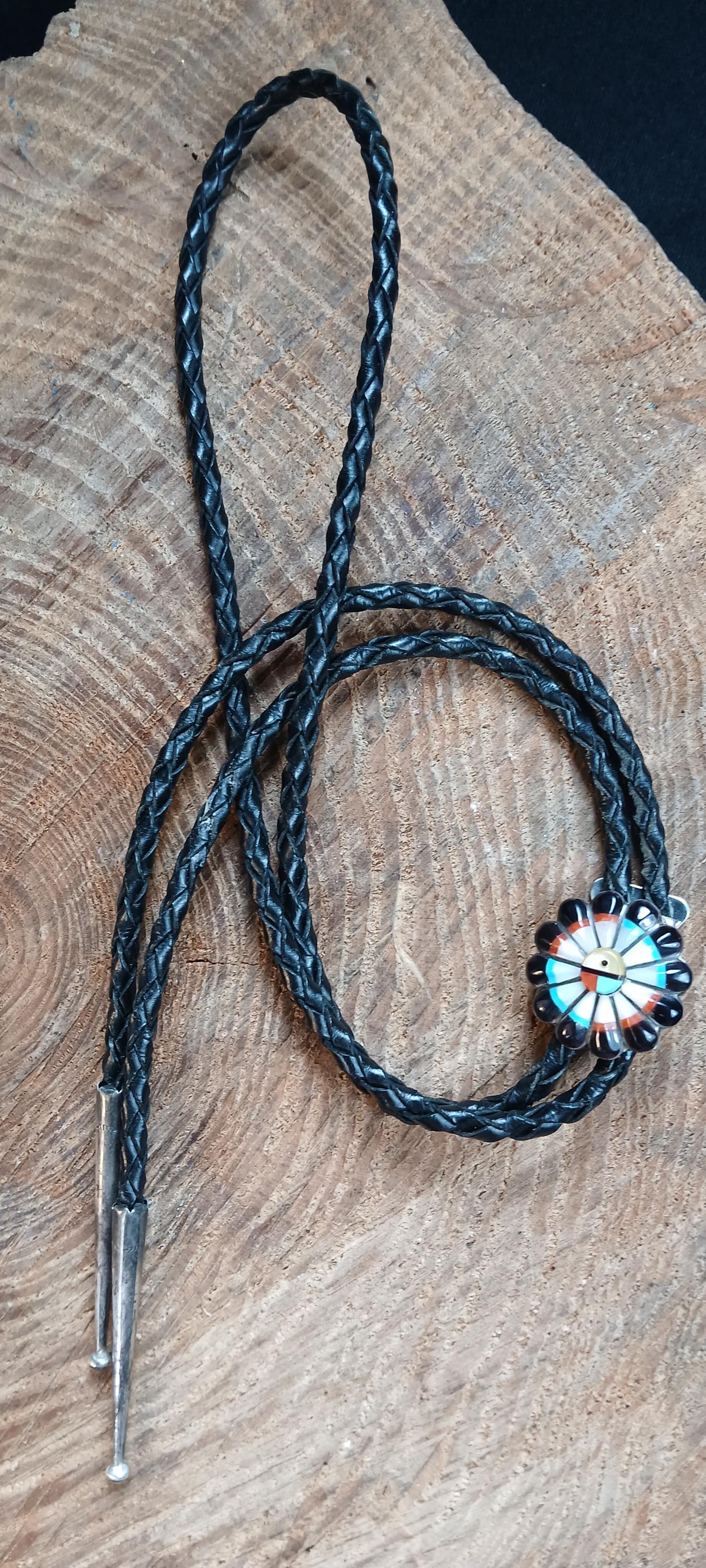 Zuni Sun Face Inlay Bolo Tie Mother of Pearl, Turquoise, Coral, Jet ...