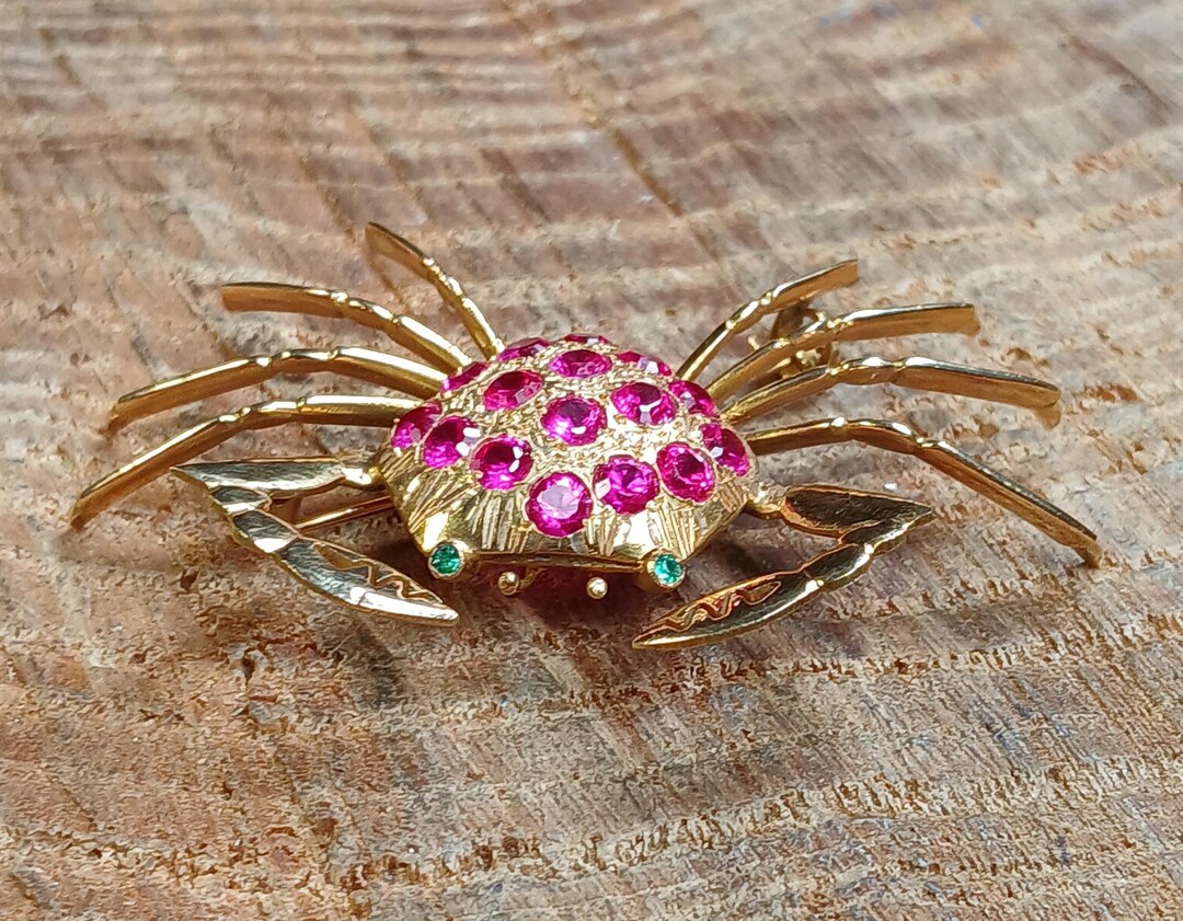 14k Yellow Gold Ruby Encrusted Crab Brooch Pin Emerald Eyes - Etsy
