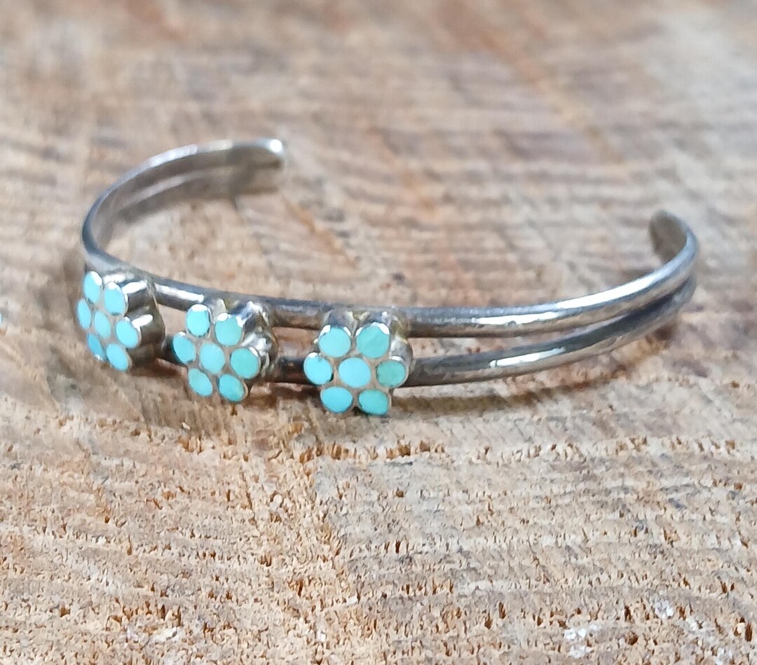Small Turquoise Flower Inlay Sterling Silver Cuff Bracelet 3.75" - Etsy