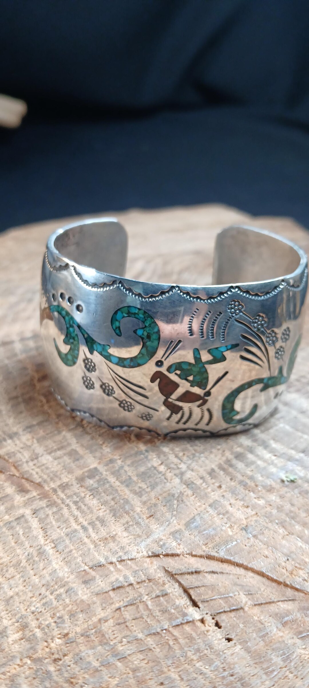 Coral & Turquoise Inlay Sterling Silver Cuff Bracelet 5.25" Signed ...