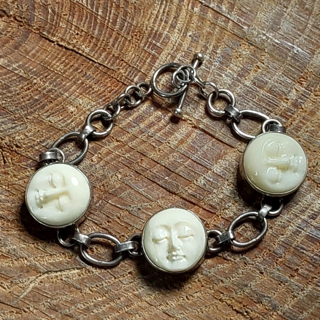 Carved Bone Sterling Silver Moonface Bracelet 8" - Etsy