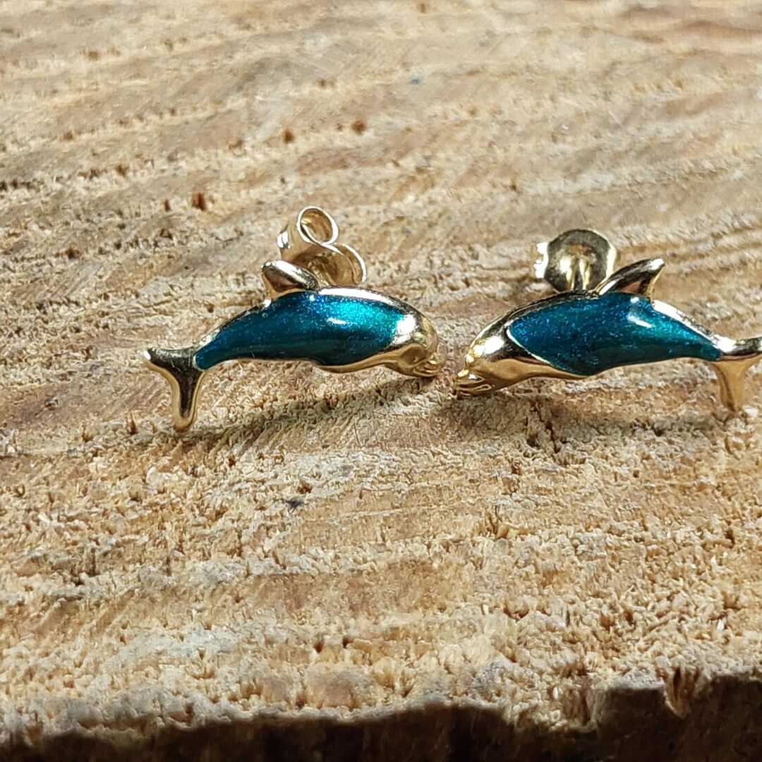 14k Gold Blue Sparkle Enamel Dolphin Stud Earrings - Etsy