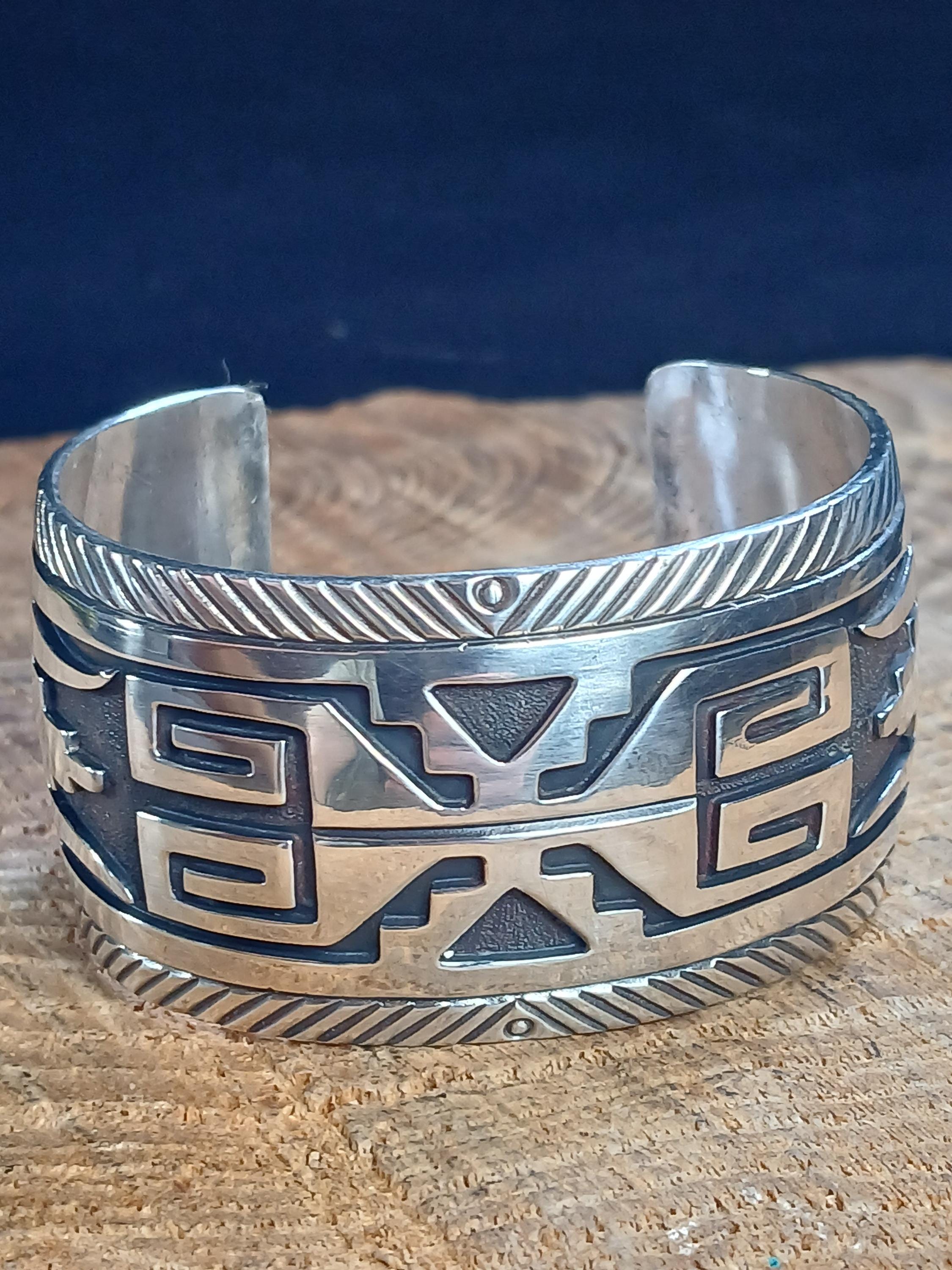 Rug Pattern Navajo Sterling Silver Overlay Cuff Native American Artist ...