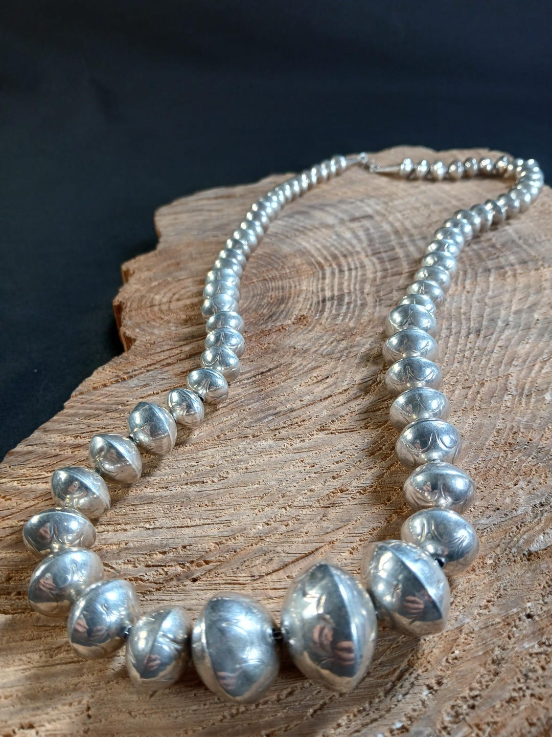 Navajo Pearls Graduated Stamp Worked Necklace 29" Signed Keith James ...