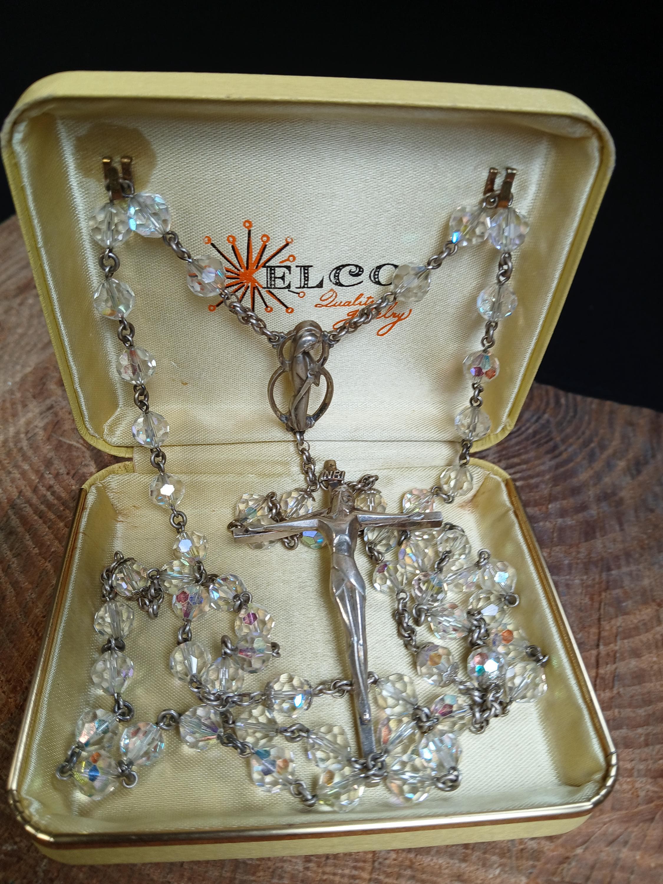 Vintage Creed Rosary Large Sterling Silver Aurora Borealis AB Crystal ...