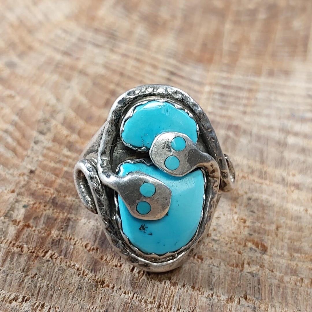 Sterling Silver Zuni Turquoise Snake Overlay Ring Artist Signed EFFIE ...