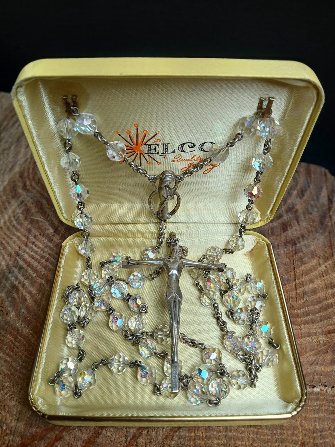 Vintage Creed Rosary Large Sterling Silver Aurora Borealis AB Crystal ...