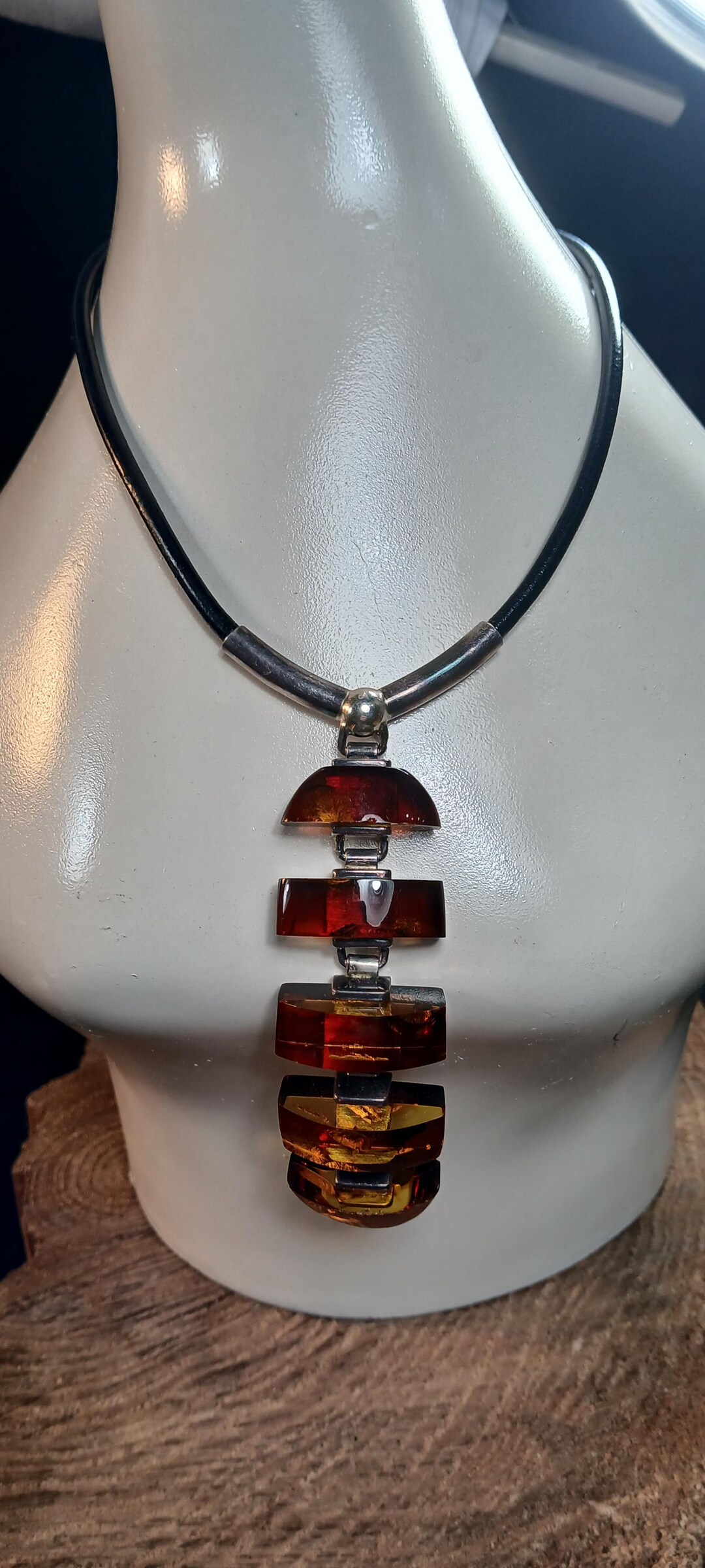 Modernist Segmented Baltic Amber Necklace Leather Cord Sterling Silver ...