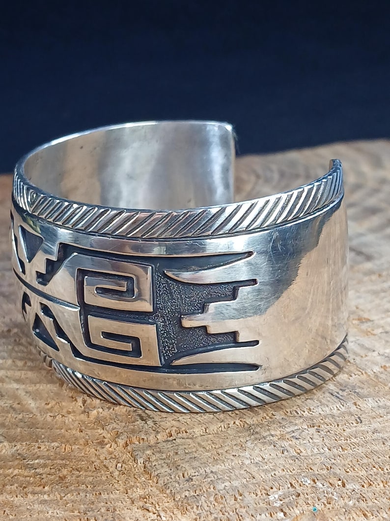 Rug Pattern Navajo Sterling Silver Overlay Cuff Native American Artist ...