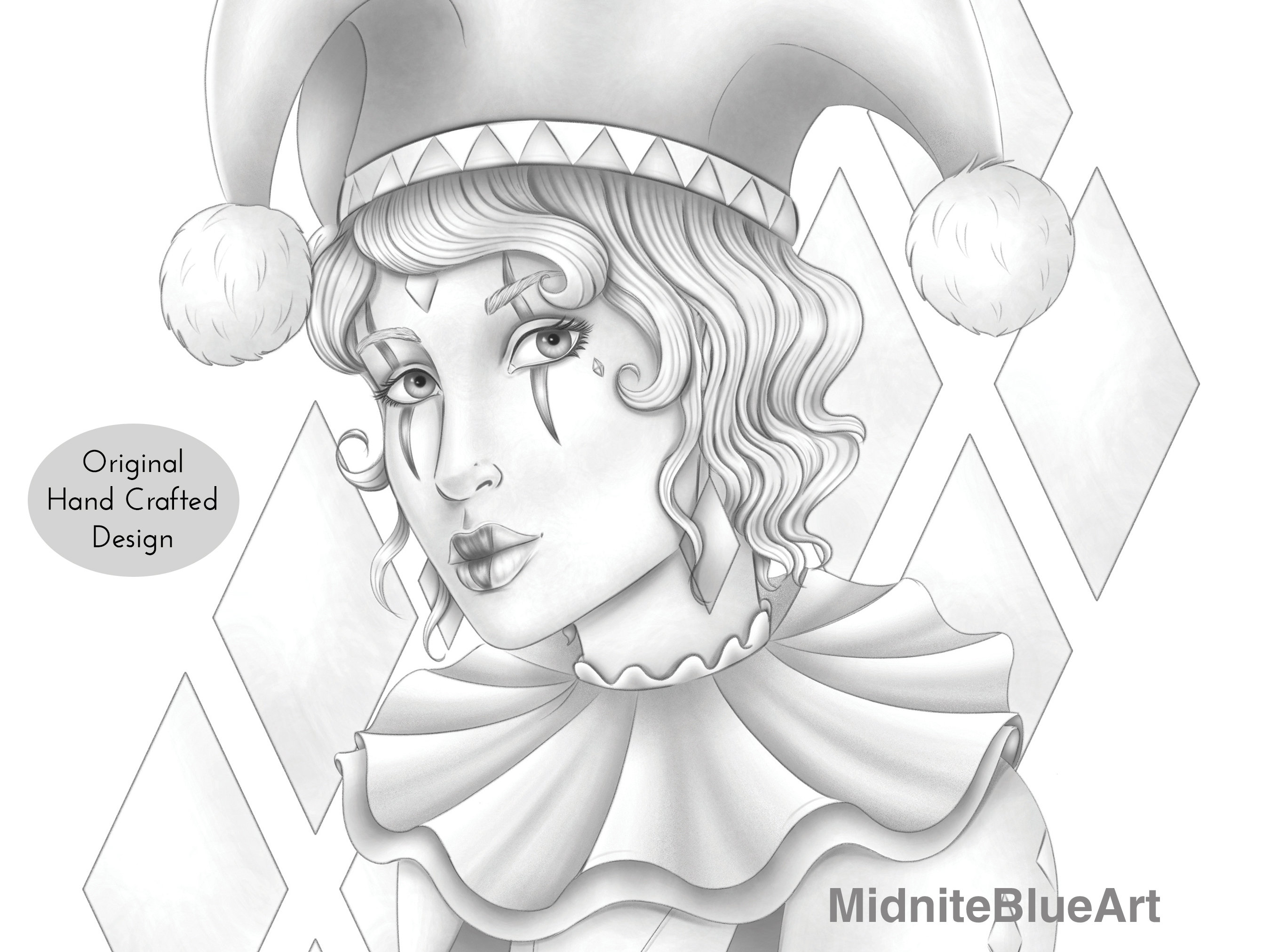 Harlequin Grayscale Coloring Page - Greyscale Colouring - Print at Home ...