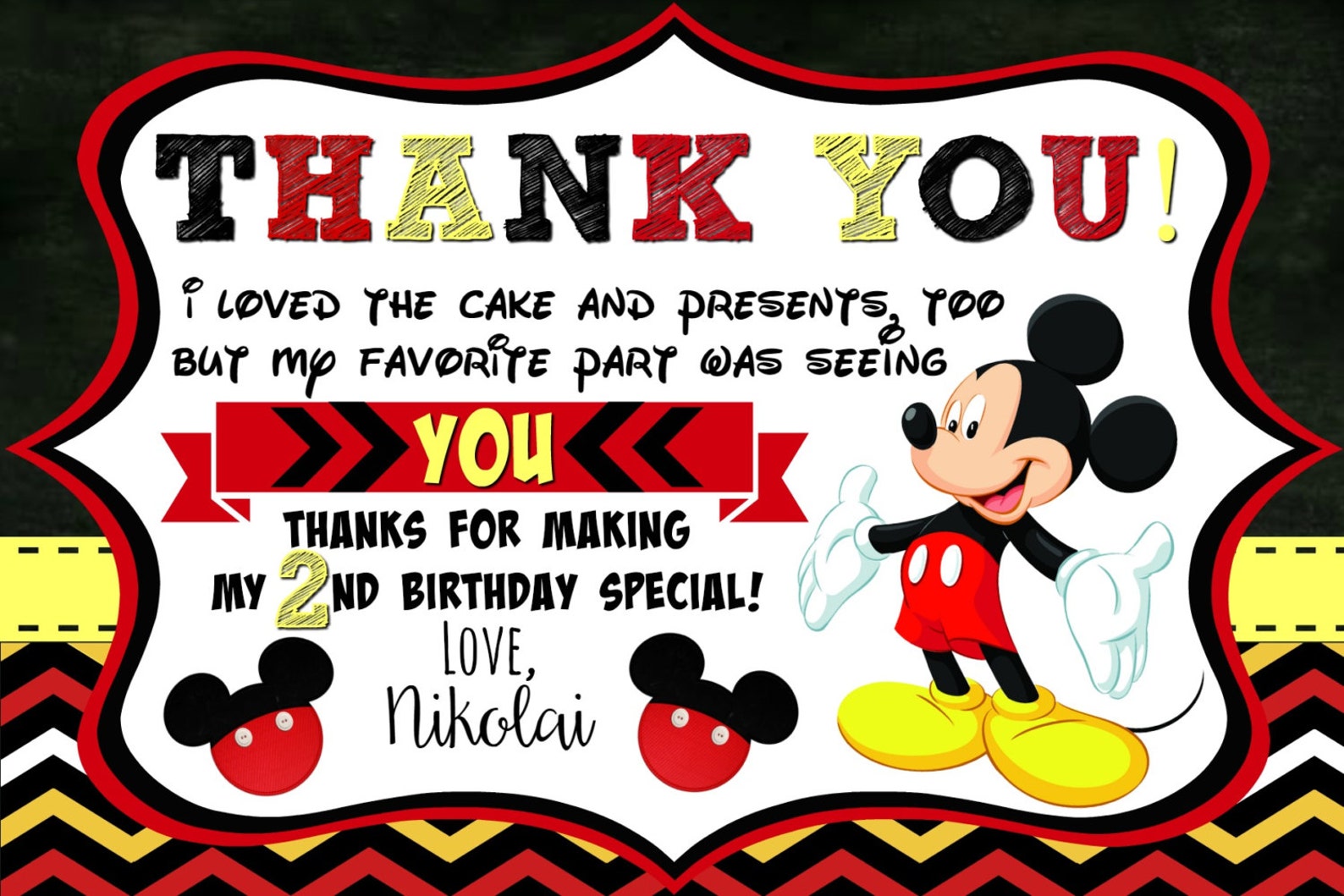 Mickey Mouse Thank You Card Mickey Mouse Birthday Thank you | Etsy