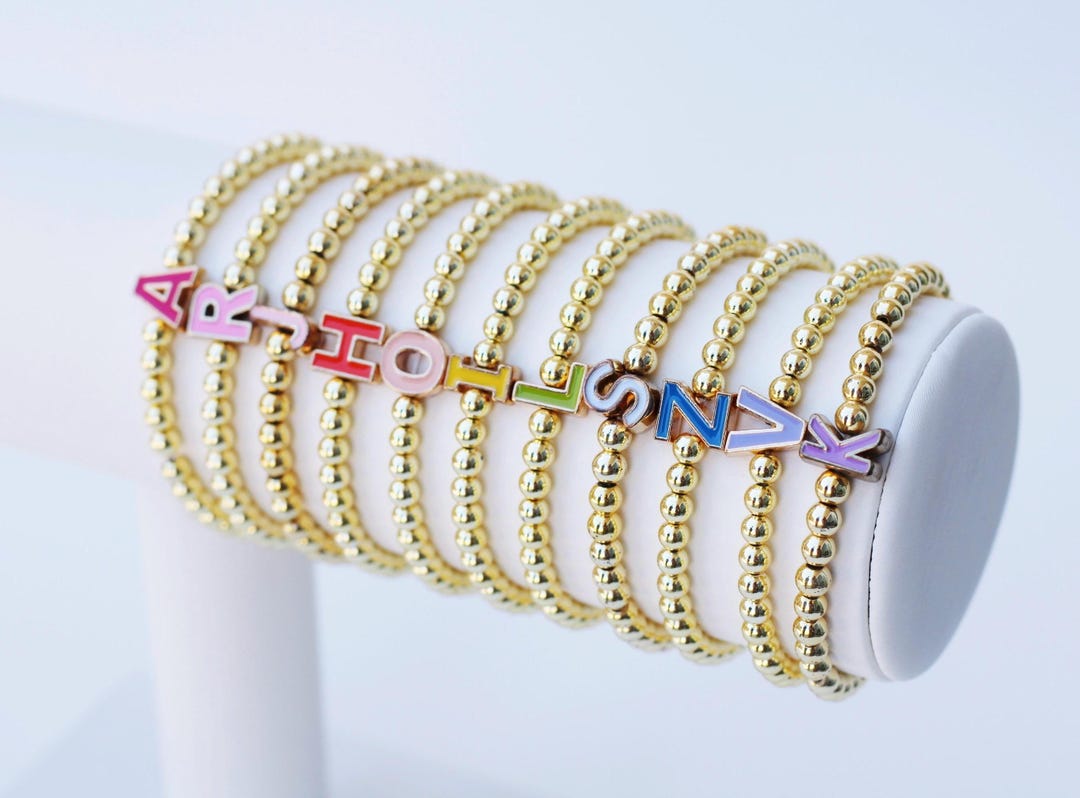 Enamel Initial Bracelets, Letter Bracelets, Beaded Bracelets, Stackable ...