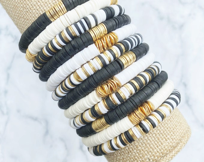 Black and White Clay Disc Stretch Bracelet Single Bracelet or Stack of ...
