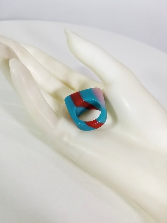 Vintage Laminated Acetate Ring - Turquoise, Coral, Pi… - Gem