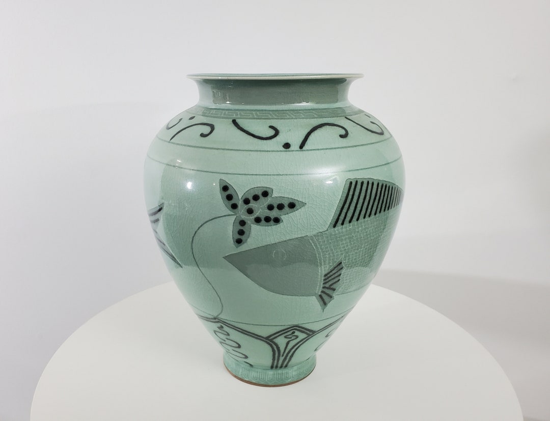 Large Modern Buncheong Celadon Colored Vase - Fish Design - 11 Inches ...