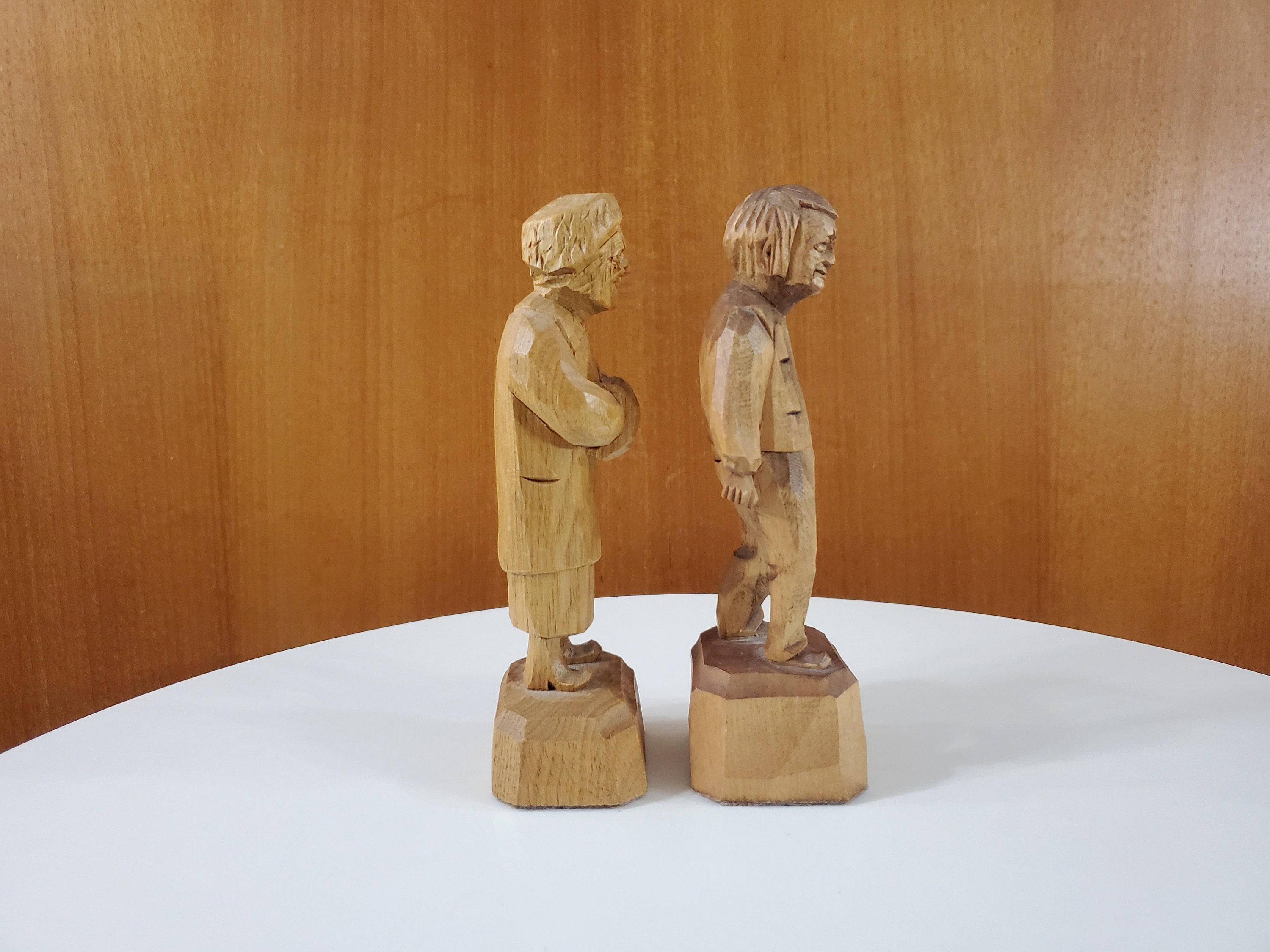 Pair Caron Flat Plane Wood Carvings of an Old Man and Old Woman ...